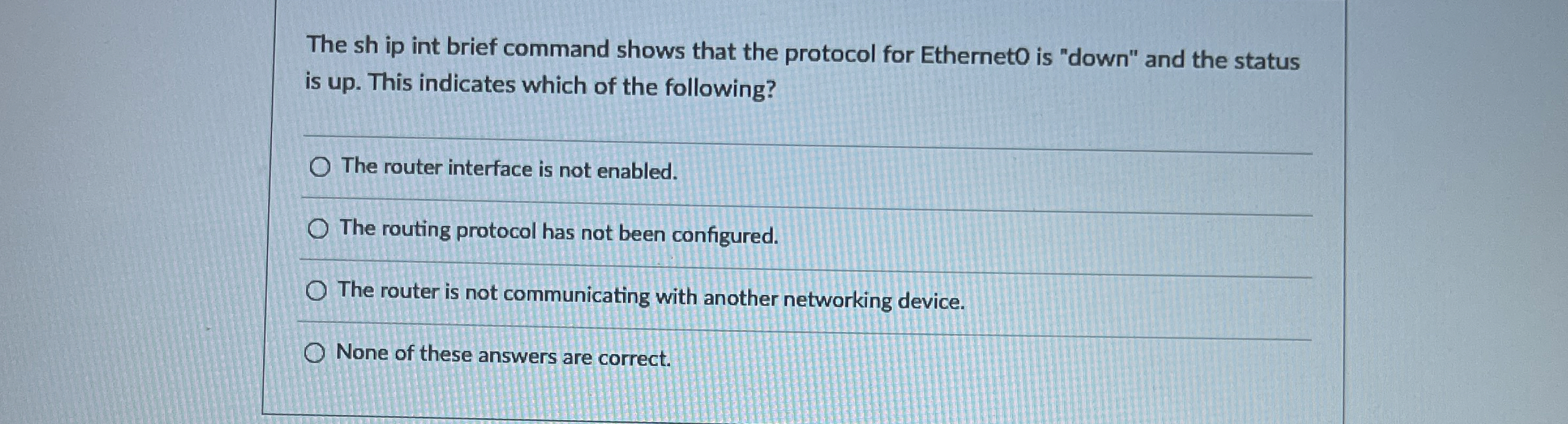 Solved The sh ip int brief command shows that the protocol | Chegg.com