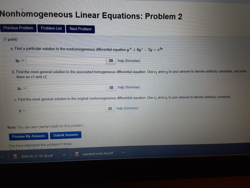 Solved Nonhomogeneous Linear Equations: Problem 2 Previous | Chegg.com