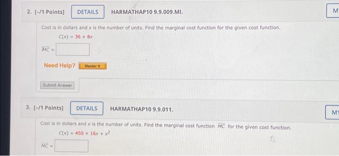 Solved 2. [-/1 Points] DETAILS Cost is in dollars and x is | Chegg.com