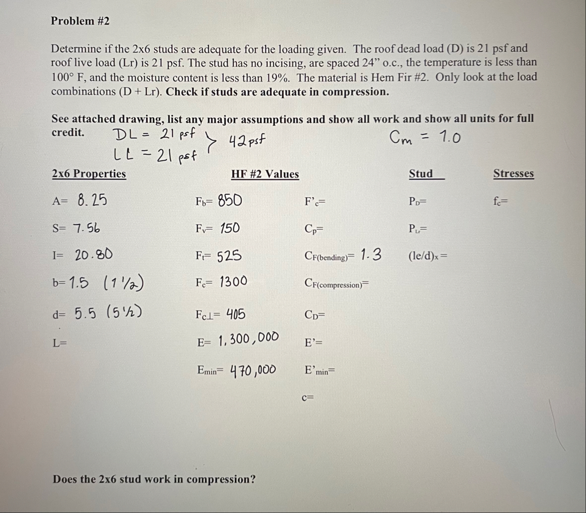 Problem #2Determine if the 2×6 ﻿studs are adequate | Chegg.com