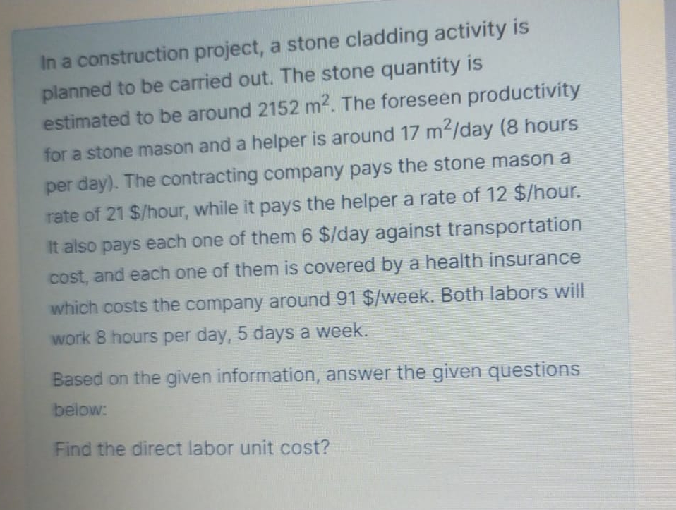 Solved In a construction project, a stone cladding activity | Chegg.com