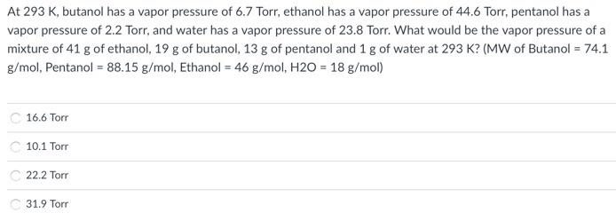 Solved At 293 K, butanol has a vapor pressure of 6.7 Torr, | Chegg.com
