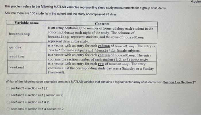 Solved This problem refers to the following MATLAB variables | Chegg.com