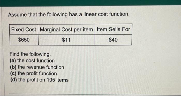 Solved Assume That The Following Has A Linear Cost Function