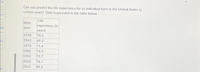 Solved 54 57 60 63 on Can you predict the life expectancy | Chegg.com