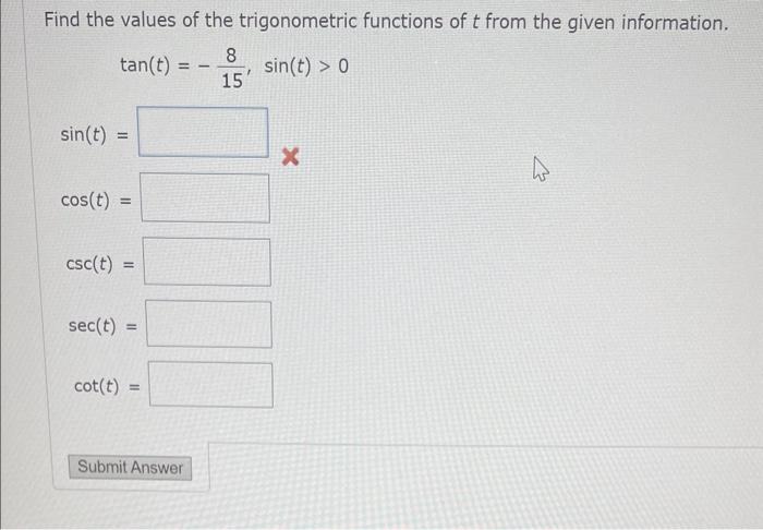 Solved Find the values of the trigonometric functions of t | Chegg.com