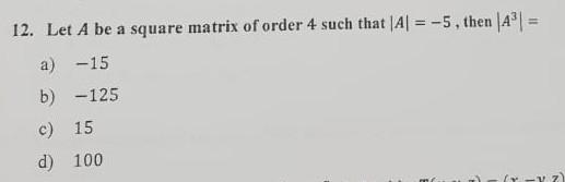 Solved 12. Let A be a square matrix of order 4 such that|A| | Chegg.com
