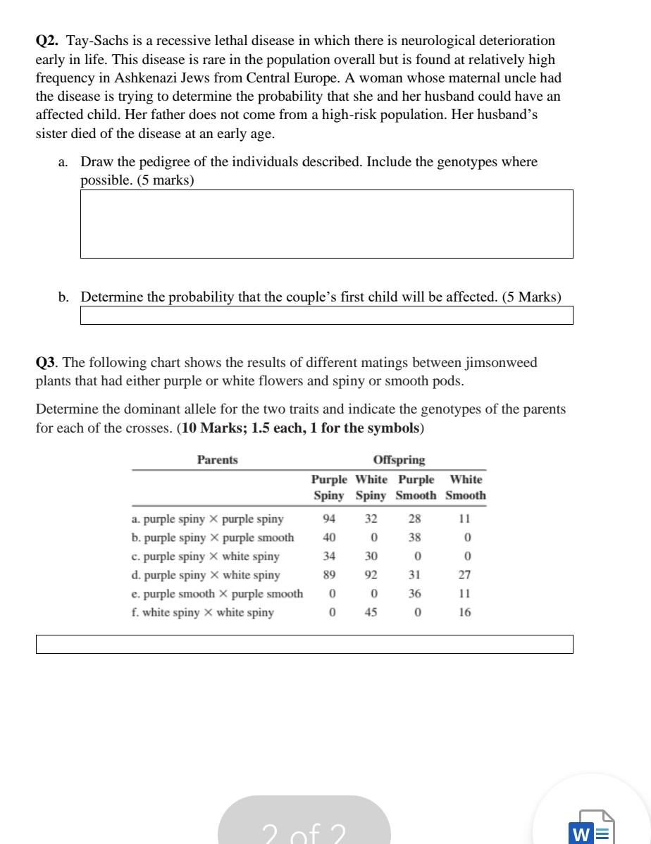 Solved Q2. Tay-Sachs is a recessive lethal disease in which | Chegg.com
