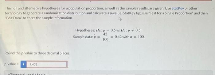 Solved The null and alternative hypotheses for a population | Chegg.com