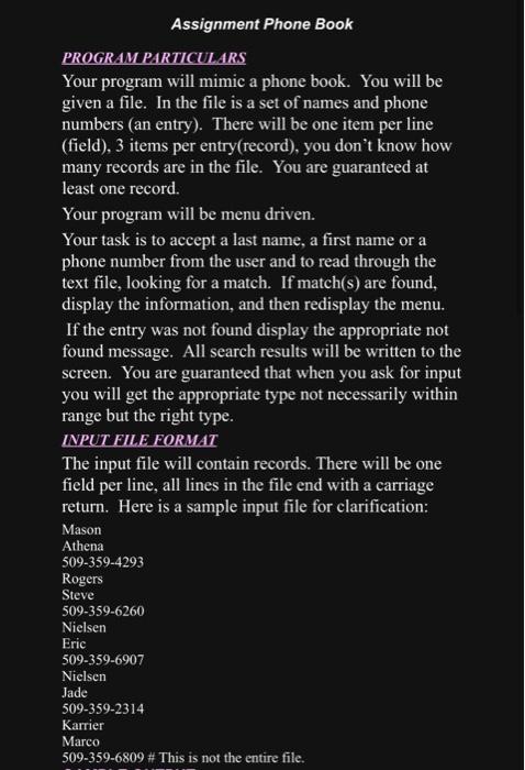 Solved Assignment Phone Book PROGRAM PARTICULARS Your | Chegg.com