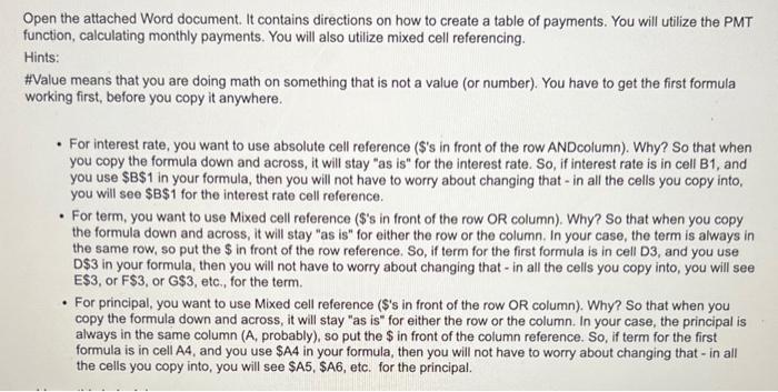 Homework 4-3 - PMT function, Mixed cell referencing | Chegg.com
