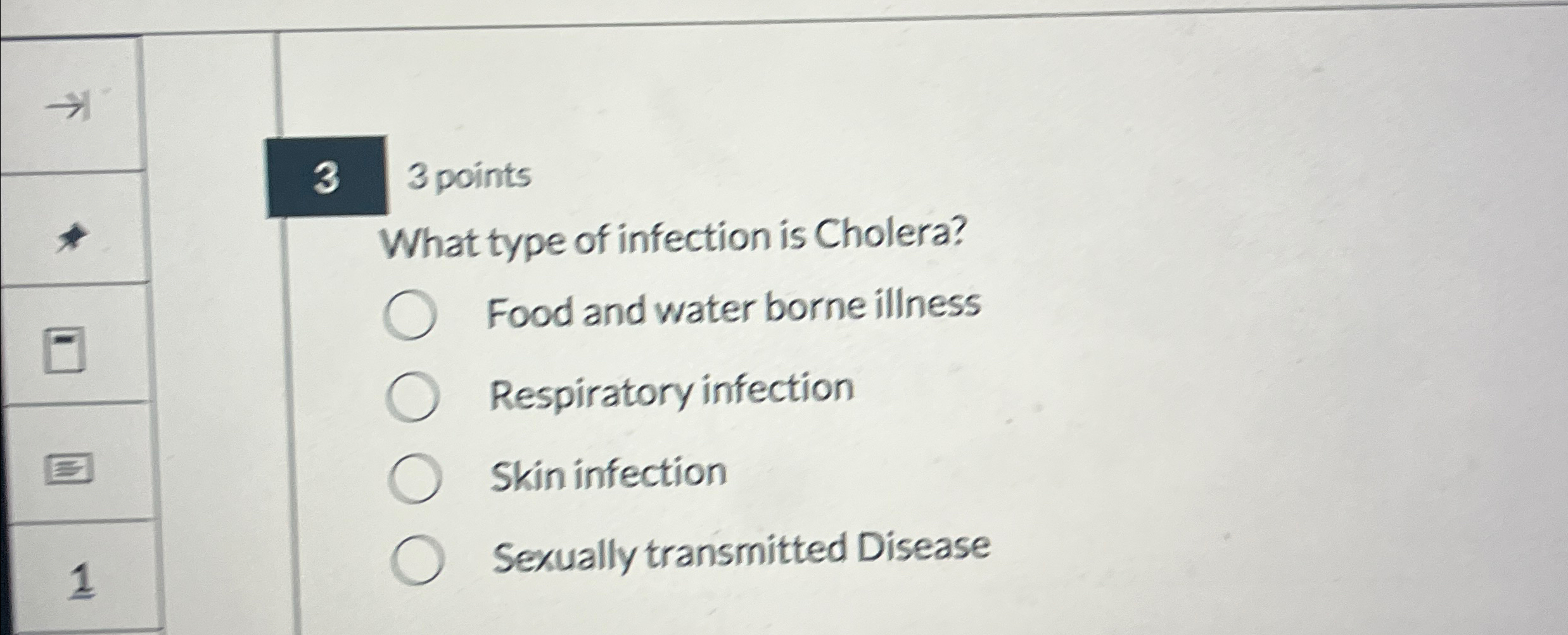 Solved 3 3 ﻿pointsWhat type of infection is Cholera?Food and | Chegg.com