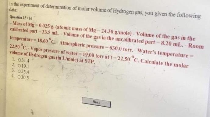 Solved In the experiment of determination of molar volume of | Chegg.com