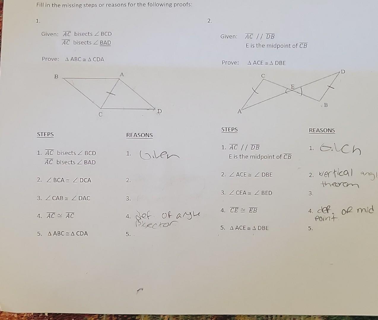Solved Fill in the missing steps or reasons for the | Chegg.com