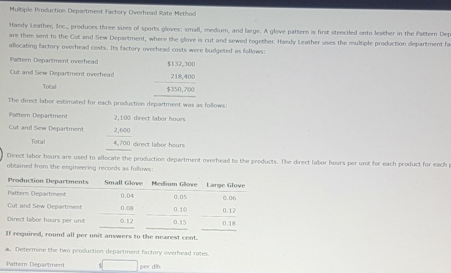 Solved The direct labor estimated for each production | Chegg.com