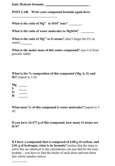 Solved Ionic Hydrate formula: POST LAB: Write your compound | Chegg.com