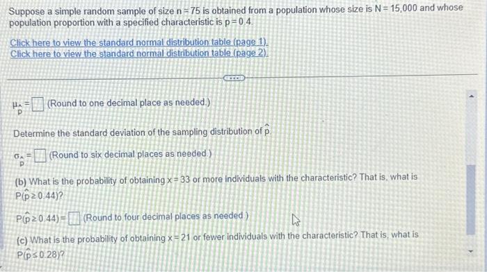 Solved Suppose a simple random sample of size n=75 is | Chegg.com