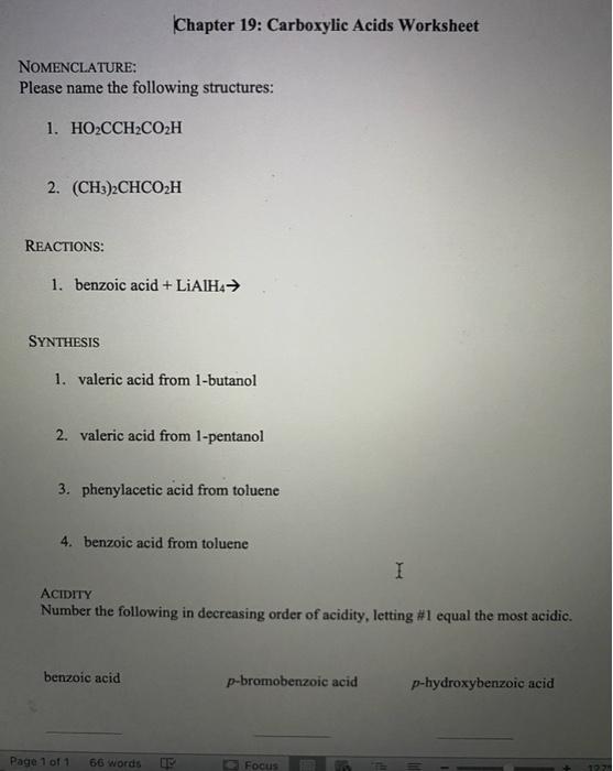 Solved Chapter 19: Carboxylic Acids Worksheet NOMENCLATURE: | Chegg.com