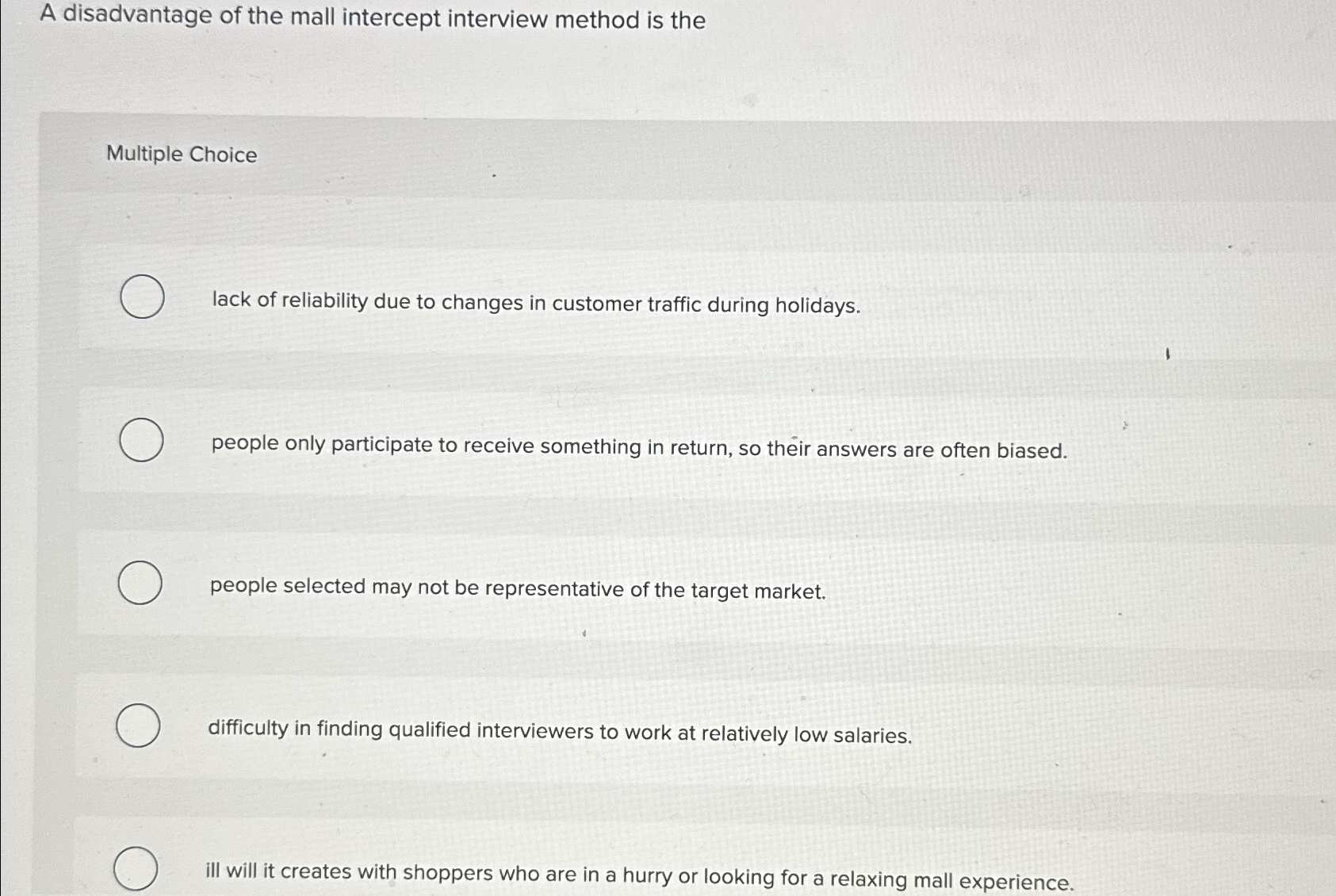 Solved A disadvantage of the mall intercept interview method | Chegg.com