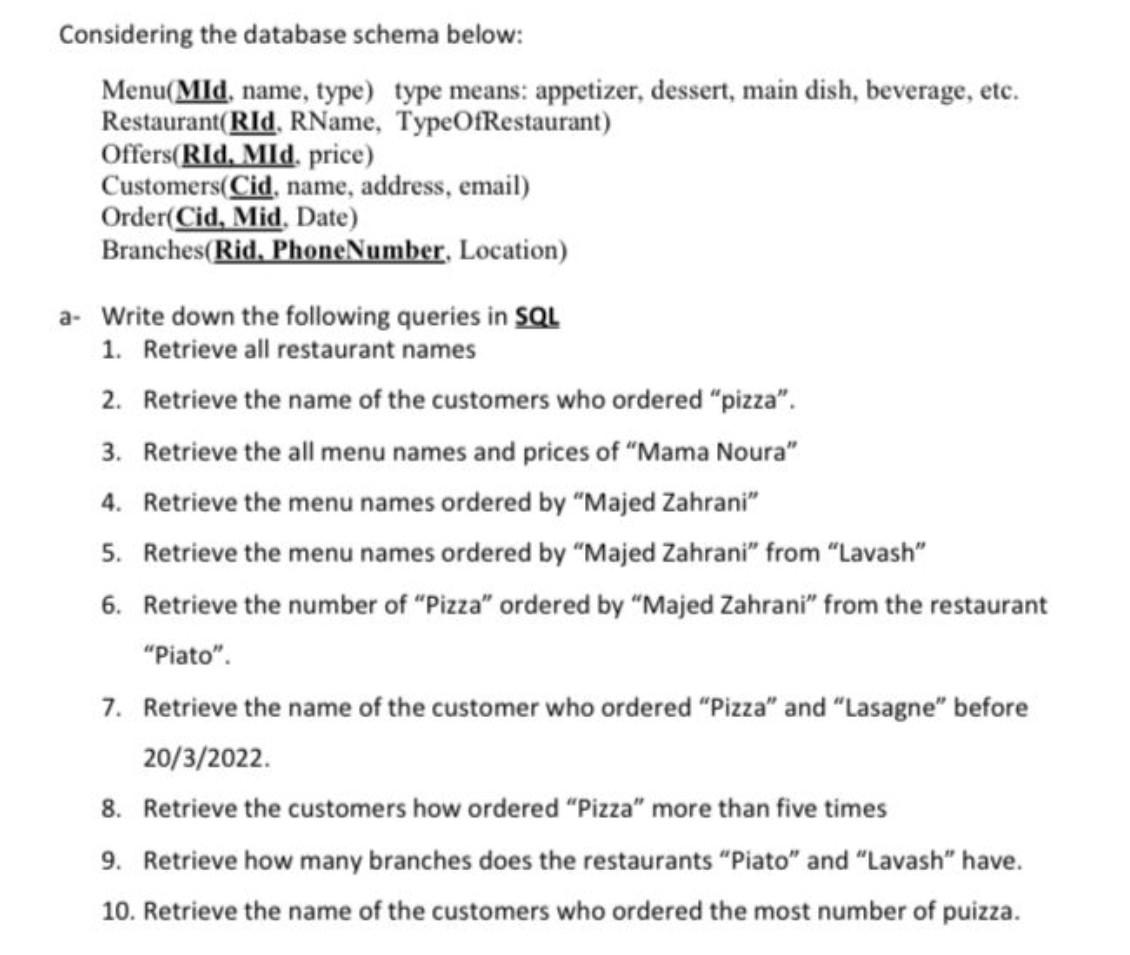 Solved Considering the database schema below: Menu(MId, | Chegg.com