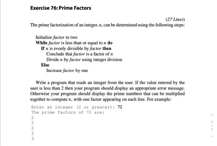 Solved Exercise 76: Prime Factors (27 Lines) The prime | Chegg.com