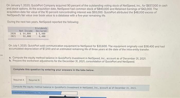 Solved On January 1, 2020, QuickPort Company acquired 90 | Chegg.com