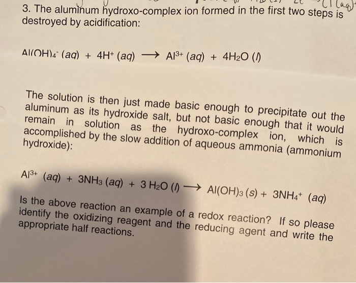 Solved 3. The aluminum hydroxo-complex ion formed in the | Chegg.com