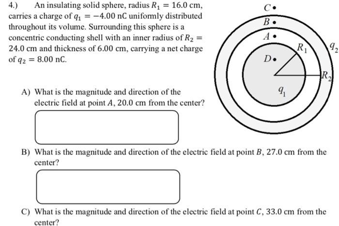 Solved C. B. 4.) An insulating solid sphere, radius R1 = | Chegg.com