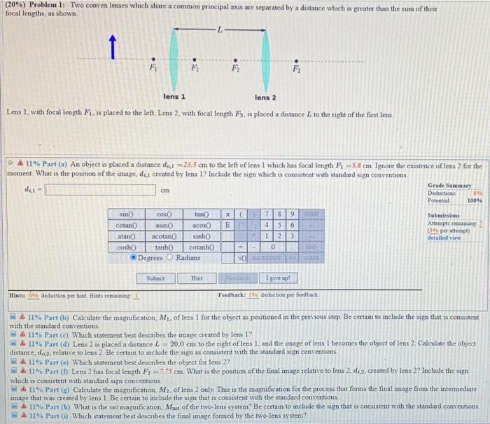 Solved (20%) Problem 1: Two convex lenses which share a | Chegg.com