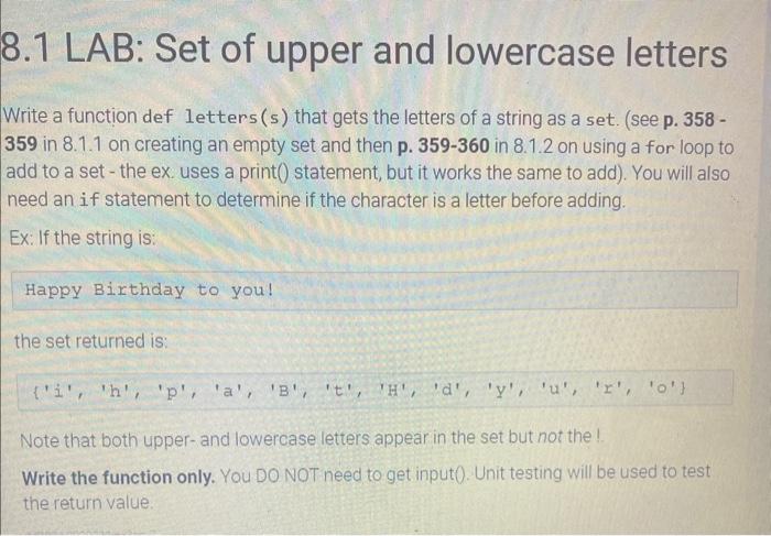 Solved 8.1 LAB: Set of upper and lowercase letters Write a | Chegg.com