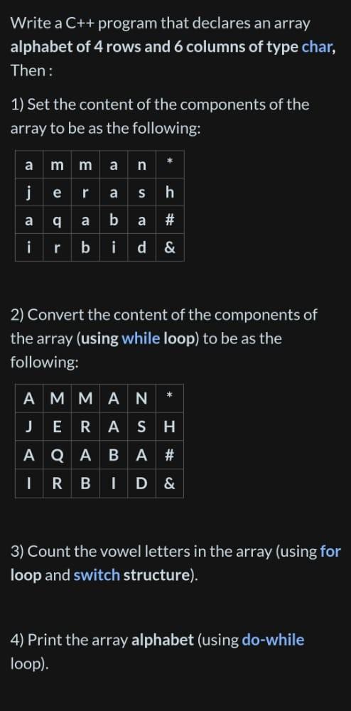 Solved Write a C++ program that declares an array alphabet | Chegg.com