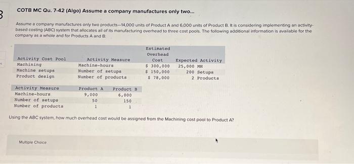 Solved COTB MC Qu. 7−42 (Algo) Assume a company manufactures | Chegg.com