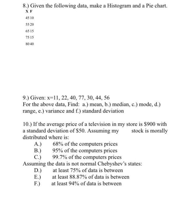 Solved 8.) Given the following data, make a Histogram and a | Chegg.com