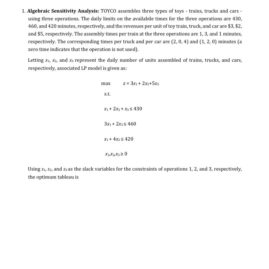 Solved Algebraic Sensitivity Analysis: TOYCO assembles three | Chegg.com