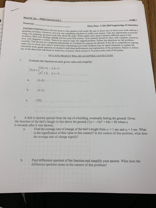 Solved MATH 112-PRECALCULUS I LAB 1 Name(s): Date Due: | Chegg.com