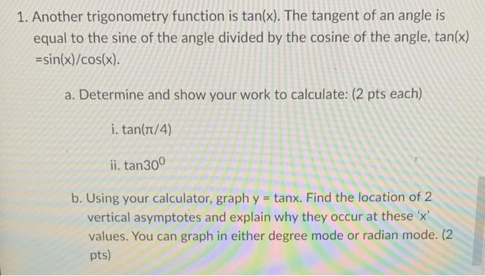 Solved Another trigonometry function is tan(x). The tangent | Chegg.com