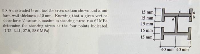 Solved a 9.8 An extruded beam has the cross section shown | Chegg.com