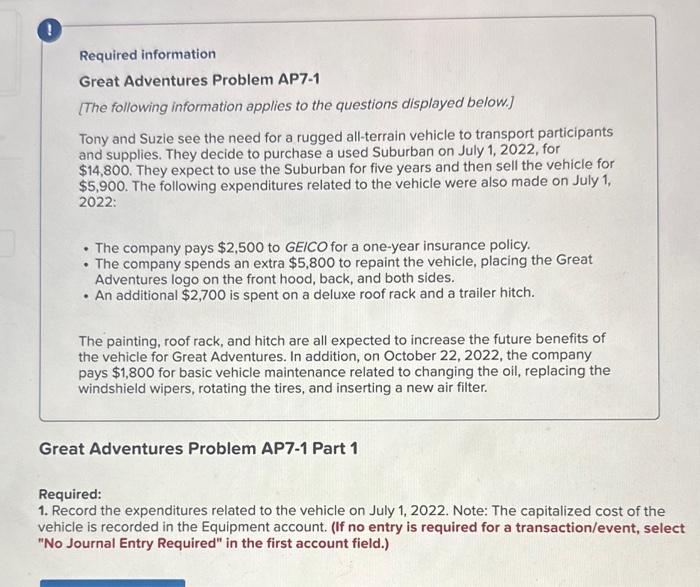 Solved Required information Great Adventures Problem AP7-1 | Chegg.com