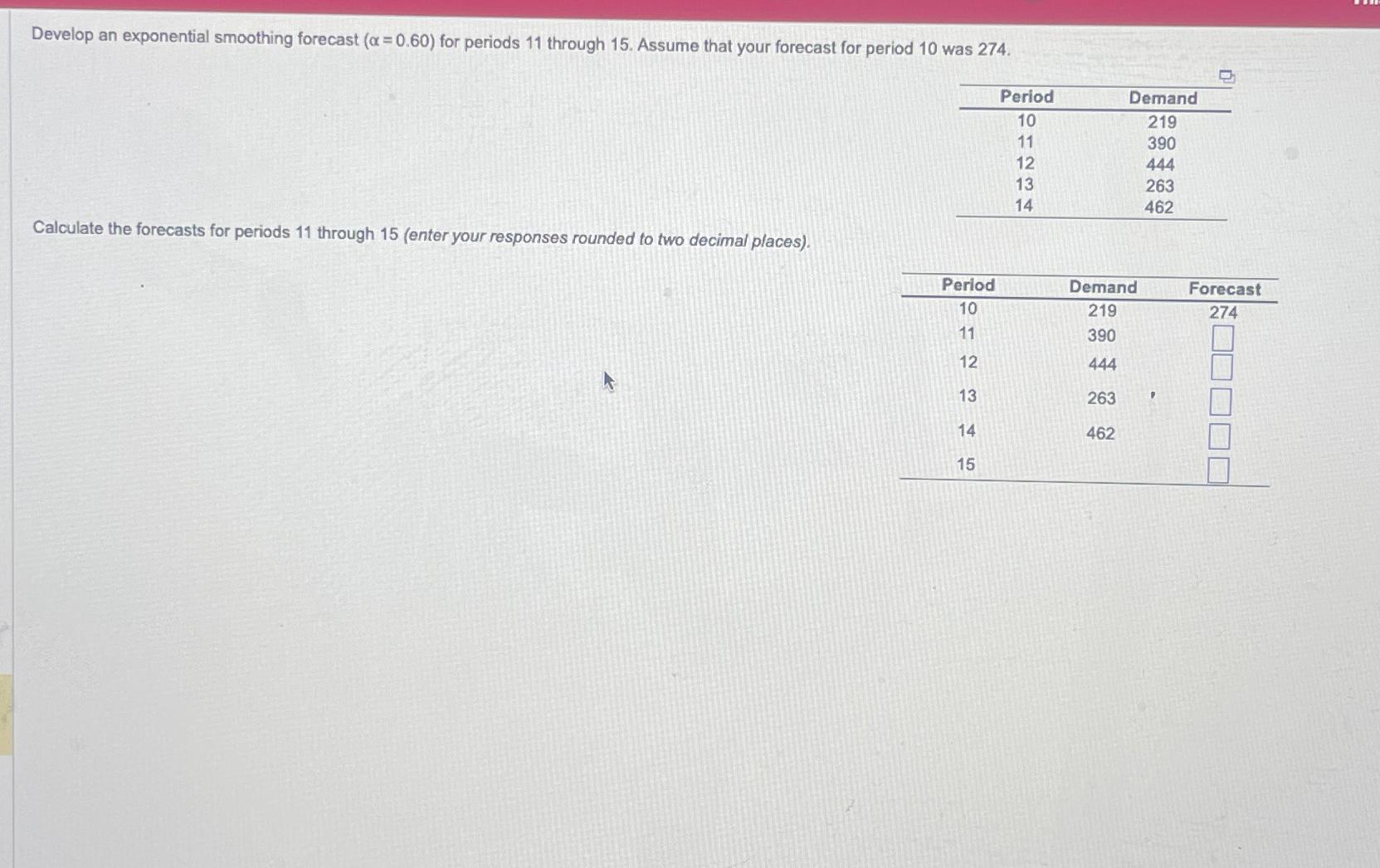 Solved Develop an exponential smoothing forecast )=(0.60 | Chegg.com