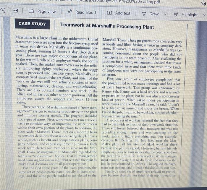 Solved Teamwork at Marshall's Processing Plant Marshall's is | Chegg.com