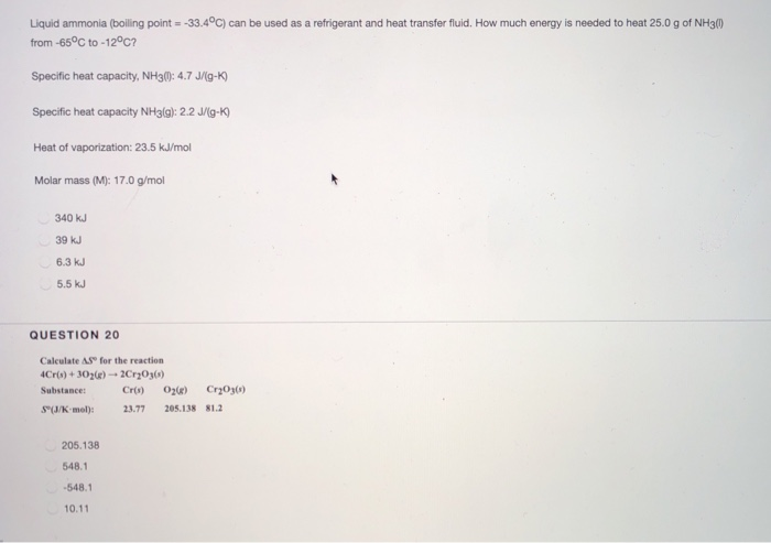 Solved Liquid ammonia (boiling point = -33.4°C) can be used | Chegg.com