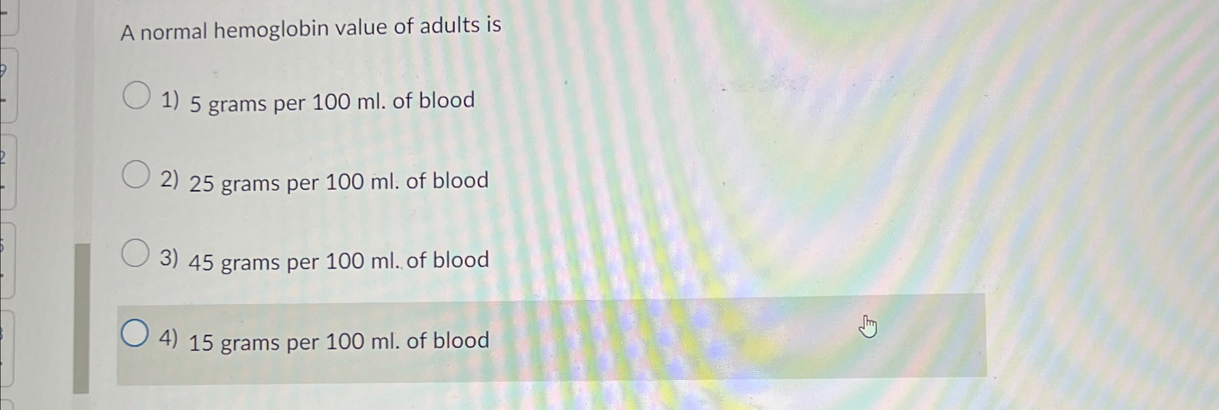 Solved A normal hemoglobin value of adults is5 ﻿grams per | Chegg.com