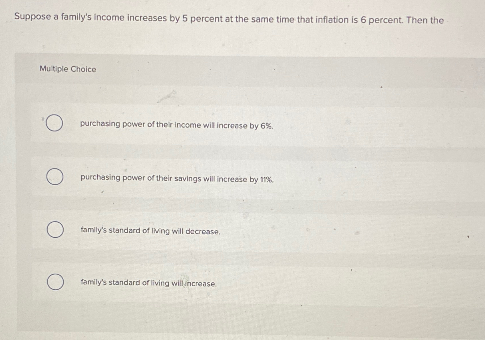 Solved Suppose a family's income increases by 5 ﻿percent at | Chegg.com