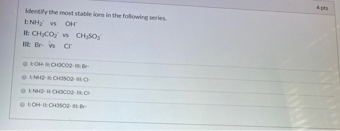 Solved 4 pts Identify the most stable ions in the following | Chegg.com
