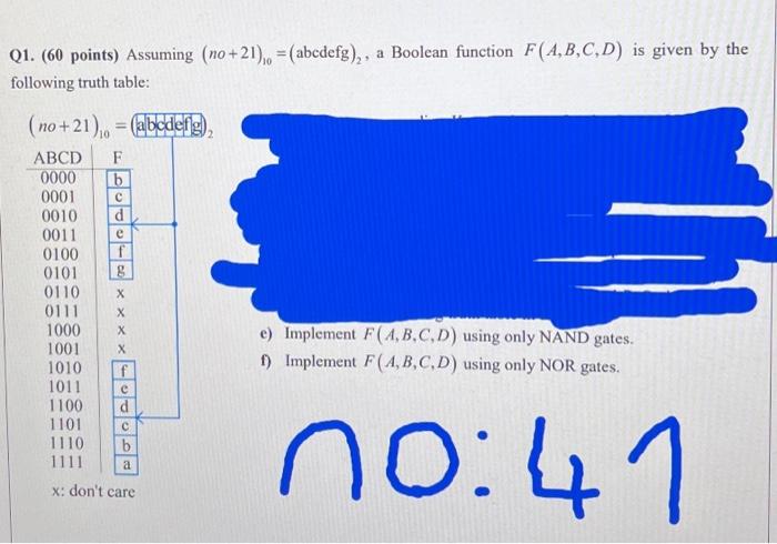 Solved Q1. (60 points) Assuming (no+21)10=(abcdefg)2, a | Chegg.com