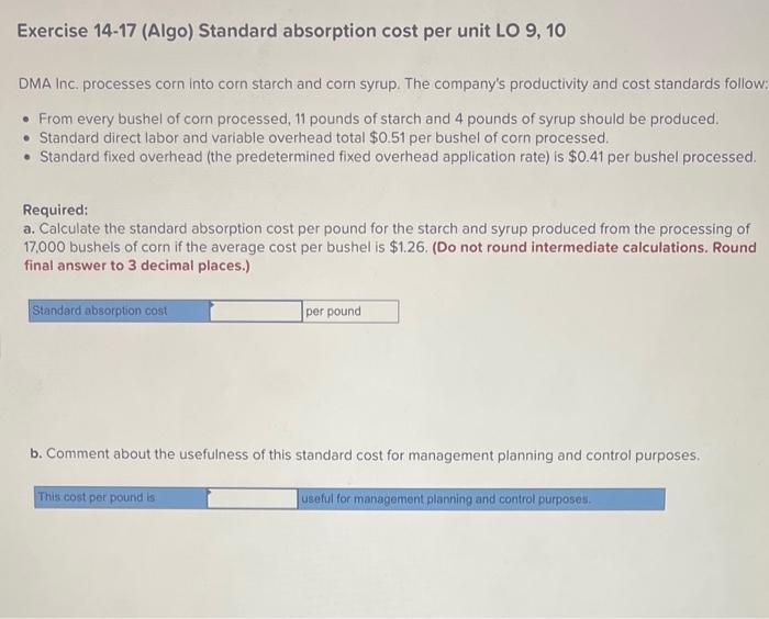Solved Exercise 14-17 (Algo) Standard absorption cost per | Chegg.com