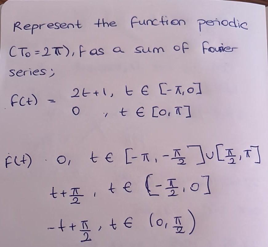 Solved f(t)=2t+1,t∈[−π,0]f(t)0,t∈[−π,−2π]∪[2π,π]t+2π,t∈[−2π, | Chegg.com