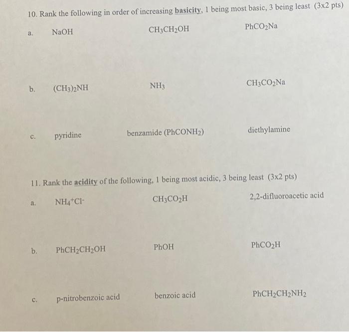 Solved 10. Rank the following in order of increasing | Chegg.com
