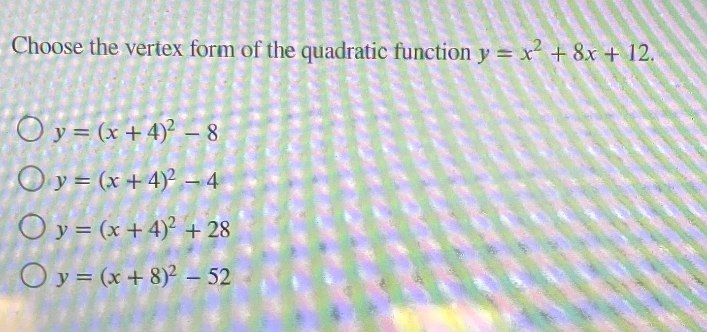 Solved Choose the vertex form of the quadratic function | Chegg.com