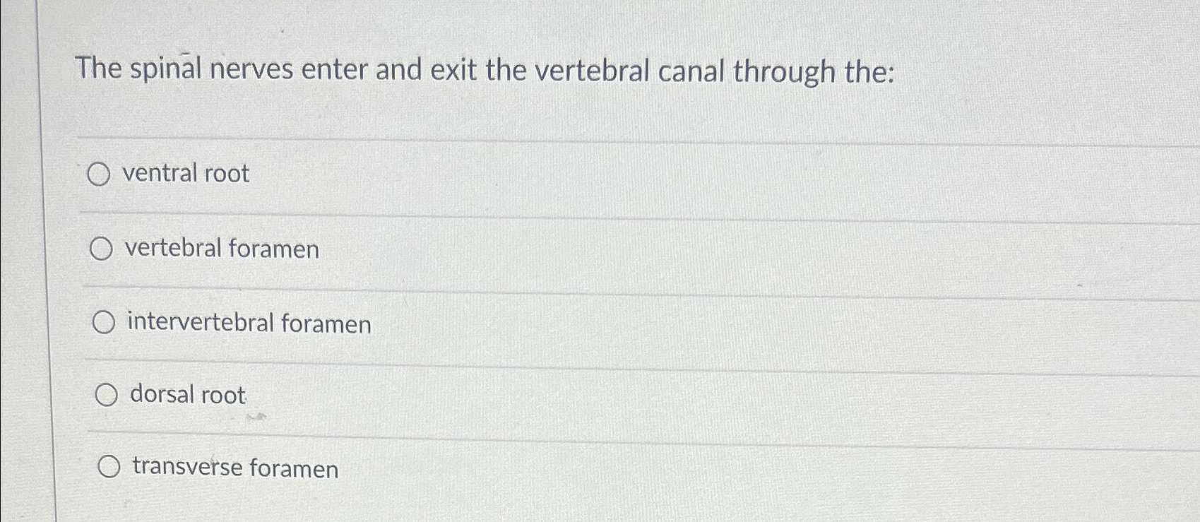 Solved The spinal nerves enter and exit the vertebral canal | Chegg.com